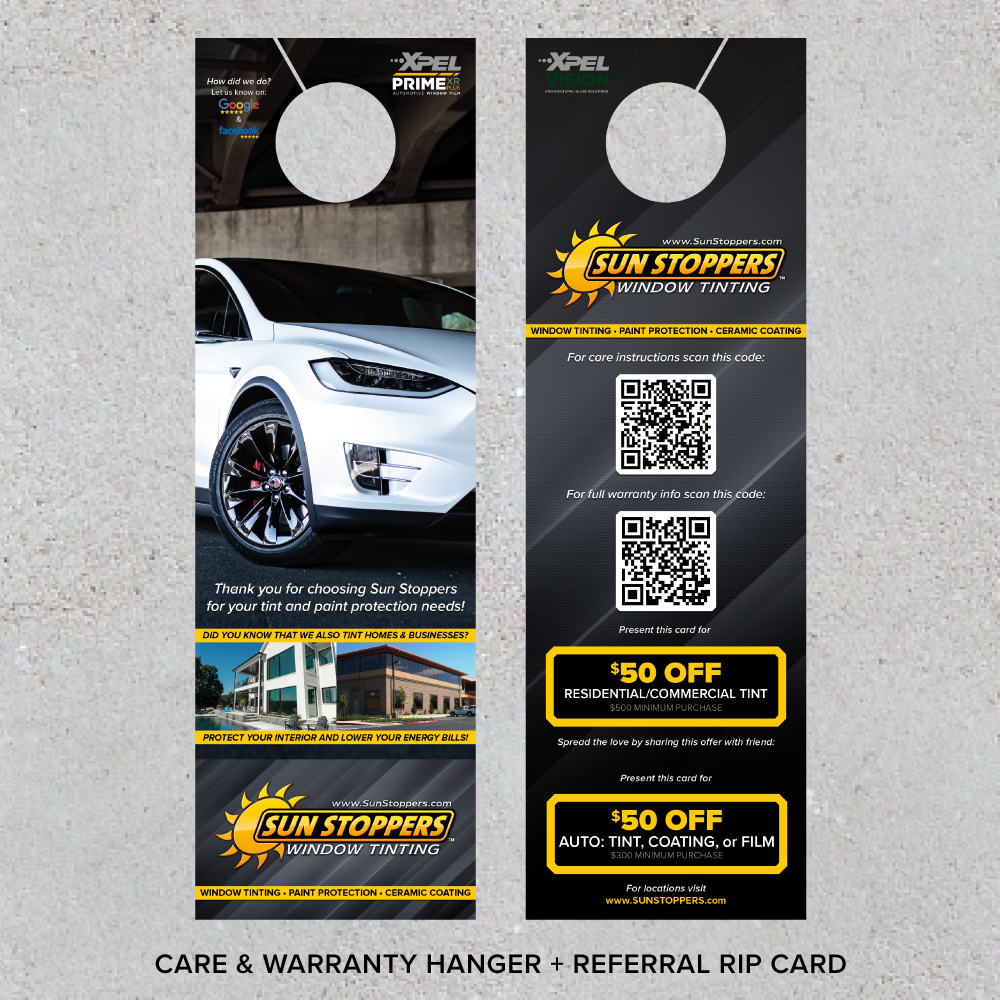 Sun Stoppers Care & Warranty Hanger with Referral Rip Card | Sun Stoppers Dealer Store