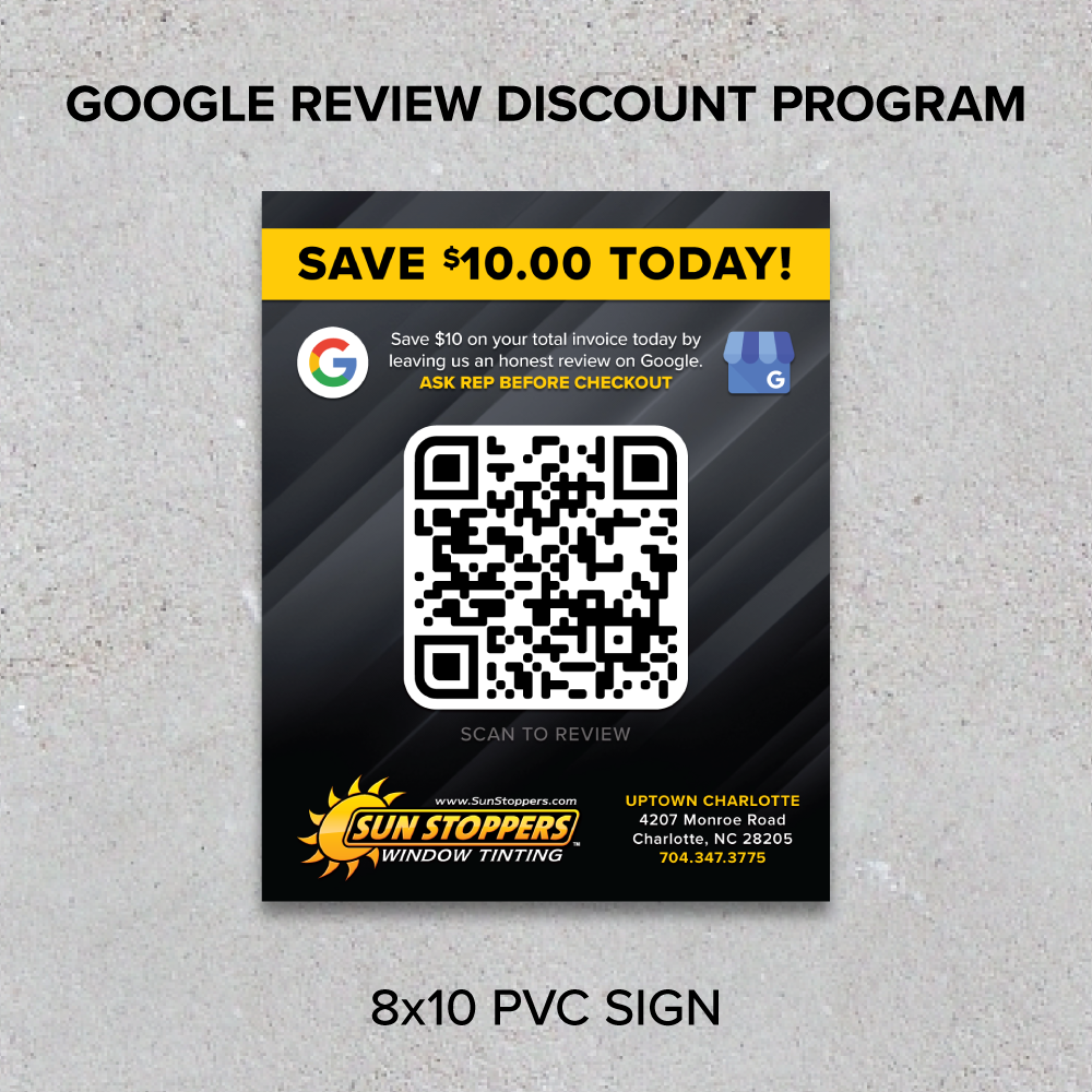 Google Review Discount Sign | Sun Stoppers Dealer Store